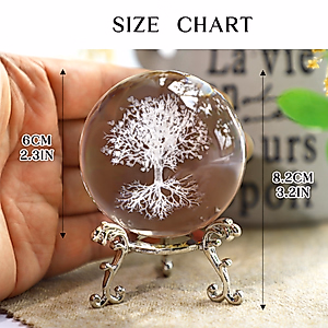 60mm Tree of Life Crystal Ball with Stand Decorative Paperweight 3D Laser Engraved Glass Plant Life Tree Sphere Novelty Home Decor