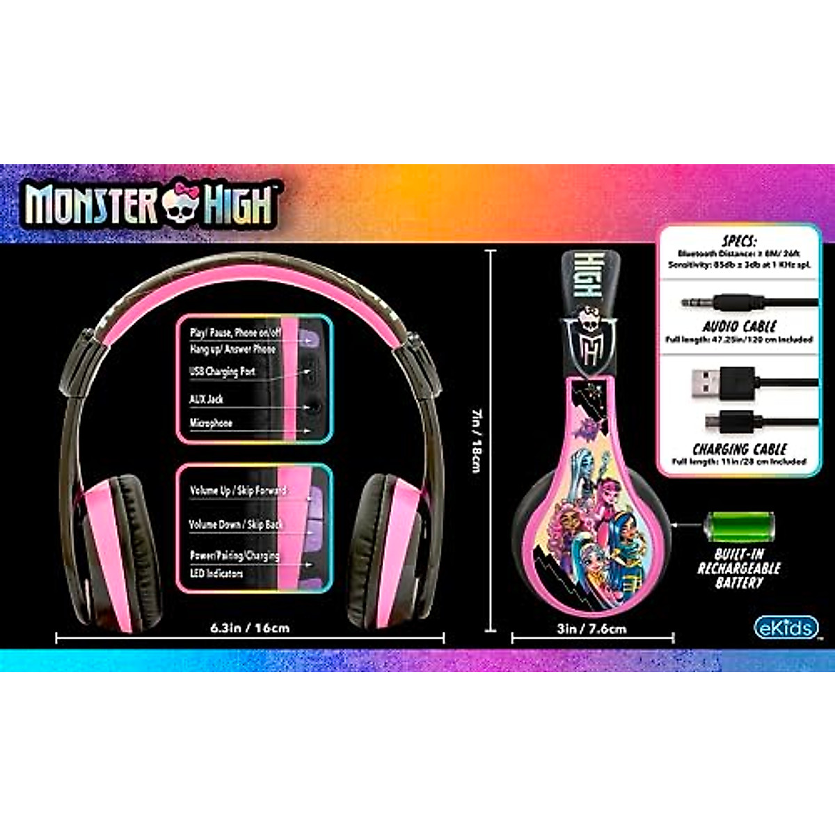 eKids Monster High Bluetooth Headphones for Kids, Wireless Headphones with Microphone Includes Aux Cord, Volume Reduced Kids Foldable Headphones for School, Home, or Travel