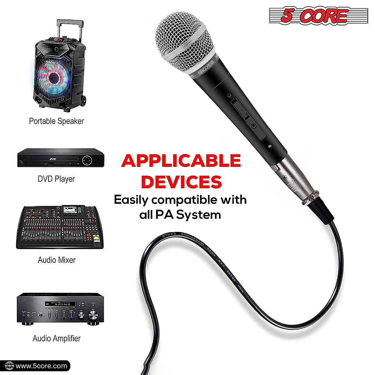 5 CORE Professional Dynamic Vocal Microphone Neodymium Cardioid Unidirectional Handheld Mic for Speakers, Karaoke W/Steel Mesh Grille, Metal Body ON/Off Switch w/16ft Detachable Cable+ Clip+ Bag