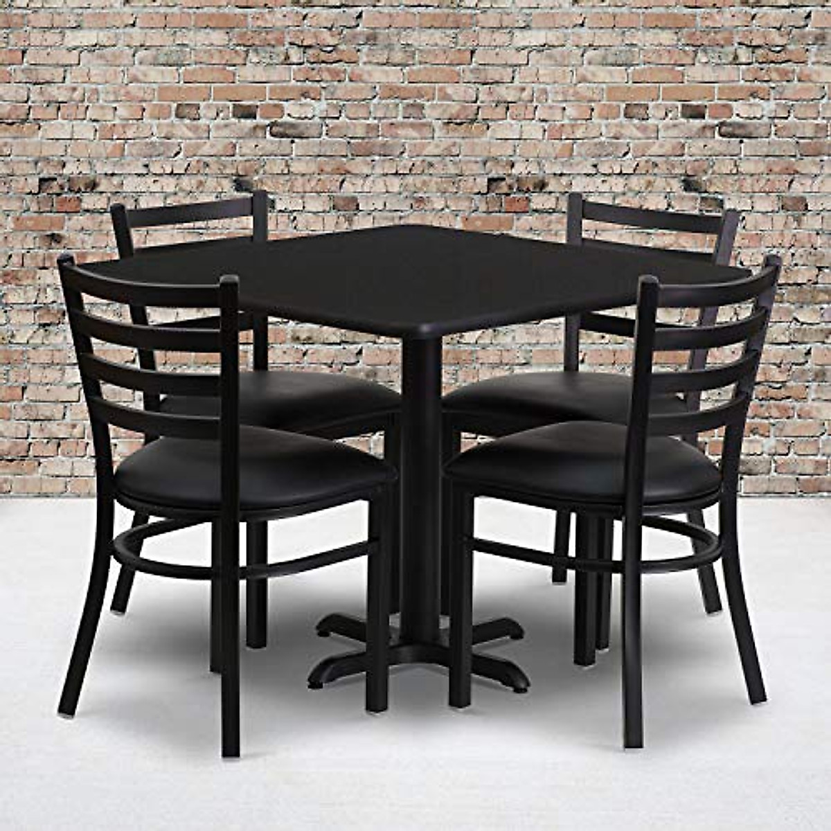 Flash Furniture 36'' Square Black Laminate Table Set with X-Base and 4 Ladder Back Metal Chairs - Black Vinyl Seat