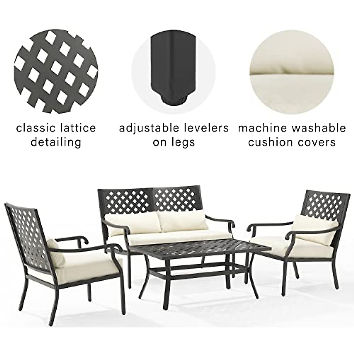 Crosley Furniture Alistair 4-Piece Outdoor Loveseat Patio Furniture Set, Conversation Sets for Porch, Deck, Matte Black with Creme Cushions