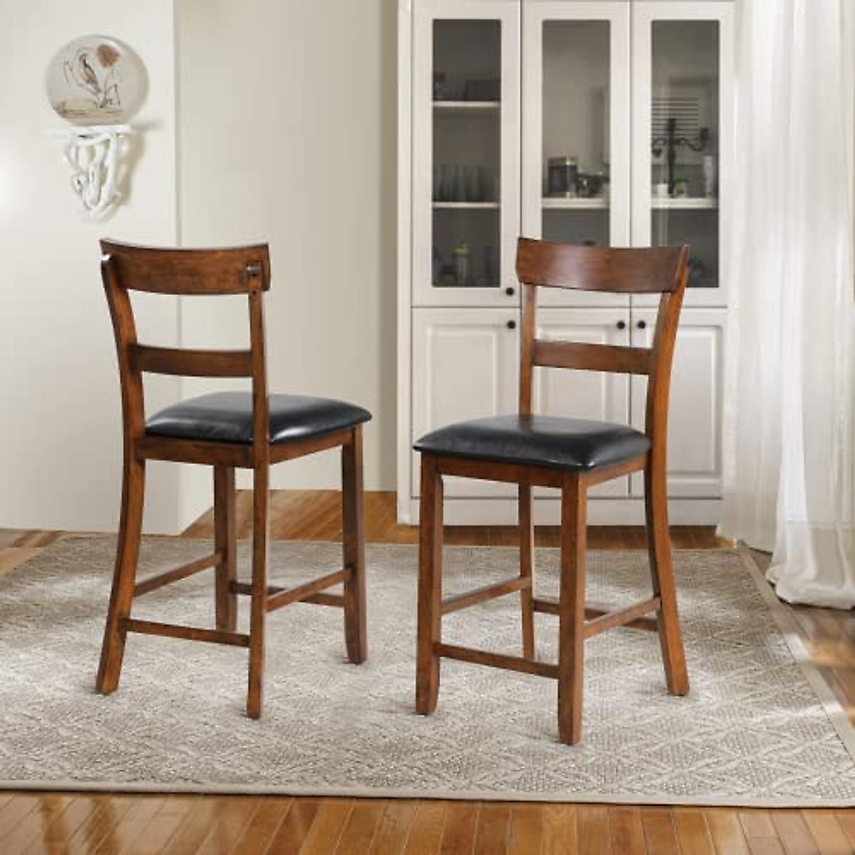NAFORT Counter Height Bar Stools Set of 4, Farmhouse 25.5” Solid Wood High Dining Chairs with Cushion, Counter Stools with Back for Kitchen Restaurant Bar, Rubberwood Legs & Black PU Leather Cushion