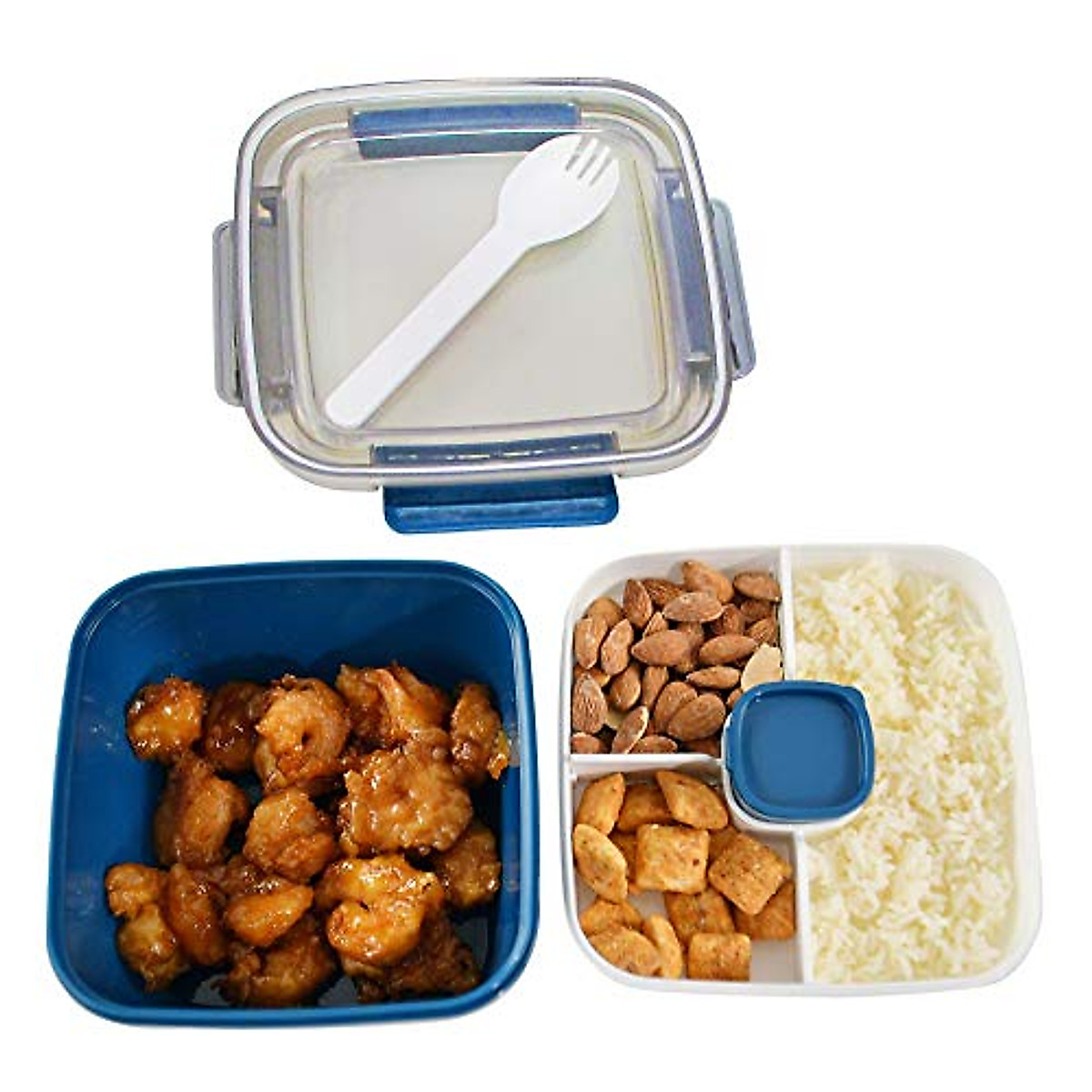 Home-X Section Lunch Box, Lunch Containers for Kids and Adults, Multi-Compartment Food Box, Salad Dressing Container, Spork, 6 ¾" L x 6 ¾" W x 4 ¾" H, Blue