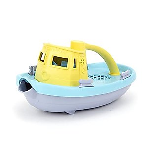 Green Toys Tugboat, Grey/Yellow/Turquoise Assorted - Pretend Play, Motor Skills, Kids Bath Toy Floating Pouring Vehicle. No BPA, phthalates, PVC. Dishwasher Safe, Recycled Plastic, Made in USA.