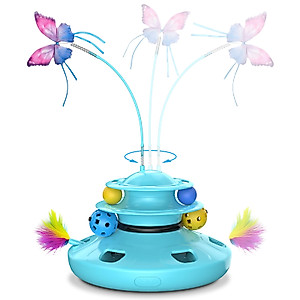 Cat Toys, 4-in-1 cat interactive toy for indoor Rechargeable Automatic with Fluttering Butterfly Random Moving Ambush Feather 2-Tier Track Balls for Bored Indoor Adult Cats Kittens All Breeds
