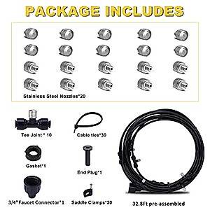Fogland 32FT Misting Cooling System 10PCS Stainless Steel Misting Nozzles with 20PCS Tap Water Pressure Misting Nozzles Outdoor Cooling System for Garden Terrace Trampoline