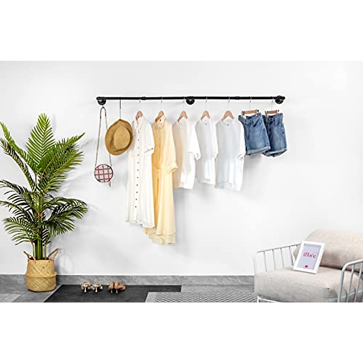 iflove Industrial Pipe Clothing Rack, 70 Inch Wall Mounted Clothes Rack, Wall Racks Hangers Laundry Room for Hanging Clothes, Closet Rods, Display Rack for Retail, SET OF 2, Black with 4 Hooks