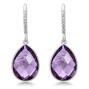 Gem Stone King 925 Sterling Silver Purple Amethyst Earrings | 13.00 Cttw | Gemstone Birthstone | Pear Shape 16X12MM | Drop Dangle Teardrop Earrings For Women