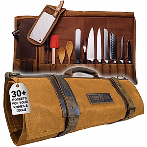 Chef Knife Roll Bag | 16oz ULTRA Wax Canvas & Top Grain Leather | 22 Slots & 4 Zipper Pouch | Double Stitch | Water-Resistant | Cleaver Pouch | Knife Organizer for Chefs and Culinary Students