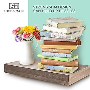 Floating Shelf with Drawer, Floating Nightstand for Bedroom - 16” Wall Shelf, White Floating Shelf with Storage, Floating Shelf for Office Bathroom Kitchen Floating Bedside Table (Grey Wood)