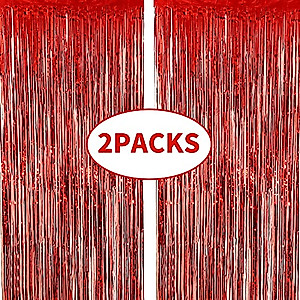 2 Pack 3.2 ft x 8.2 ft Red Tinsel Foil Fringe Curtains Backdrop, Sparkle Fringe Curtains for Party Photo Background Decoration