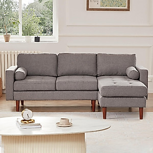 Kingfun 80" W L Shaped Sofa Couch with Reversible Chaise, 3 Seat Couch with Wide Chaise Lounge & Two Pillows, Mid-Century Modern Couch for Living Room, Convertible Sofa with Tufted Seat Cushion, Gray