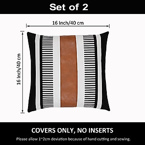 Vfuty Set of 2 Striped Boho Throw Pillow Covers 16x16 inch, Modern Leather Pillow Cover for Couch Sofa Bed, Farmhouse Decor Patchwork Accent Pillowcase, Black