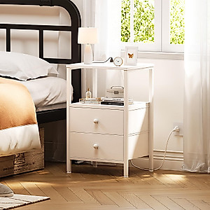 KAI-ROAD White Night Stand with Charging Station and USB Ports, Small Nightstand with Drawers and Shelf Storage End Table for Bedroom, Dorm, Modern Bedside Table