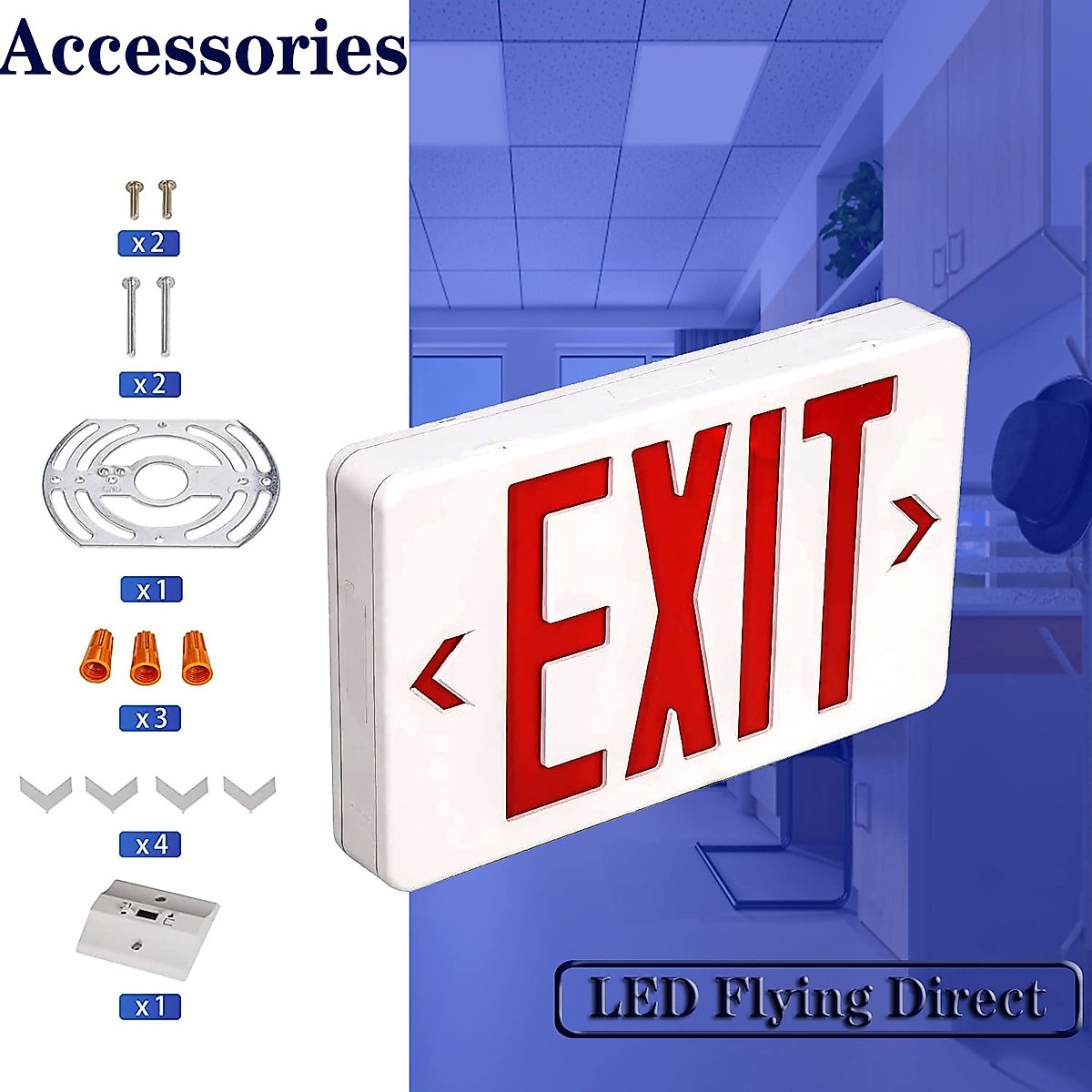 LED Emergency Exit Sign with 90 Minute Battery Backup, Double Sided Red Emergency Exit Light, US Common Criteria, ABS Fire Resistant (UL Listed 120-277V) (1 Pack)