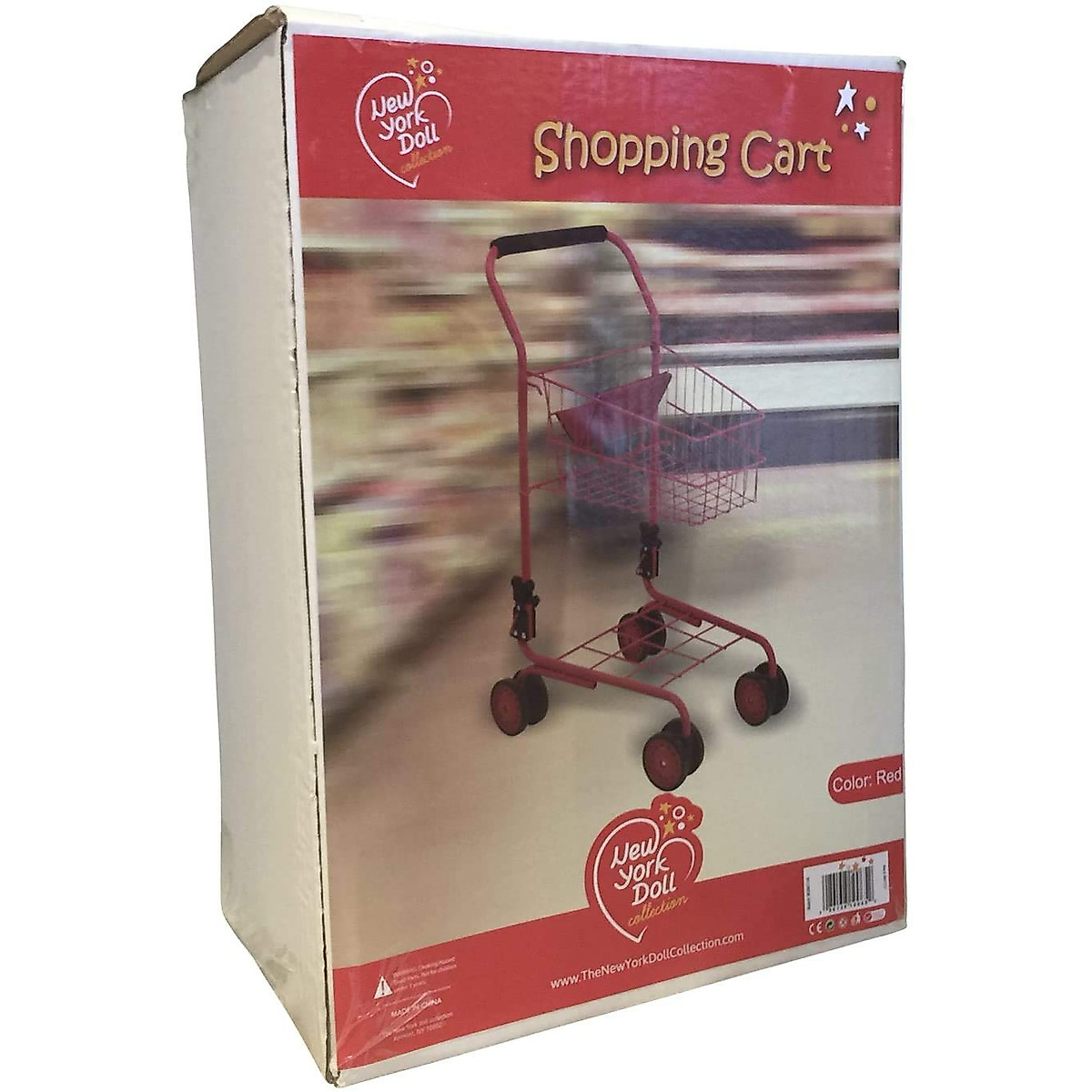 The New York Doll Collection Toy Shopping Cart for Kids and Toddler - Includes Food - Folds for Easy Storage - with Sturdy Metal Frame (Red)