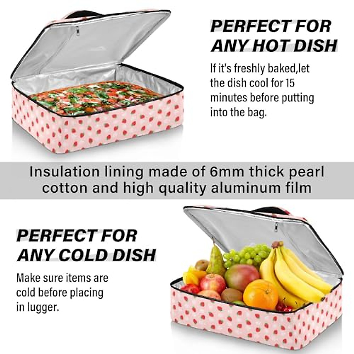 Kcldeci Insulated Thermal Food Carrier Insulated Casserole Carrier for Hot or Cold Food,Fruit Pattern on Pink Background Insulated Tote Bag for Potluck Cookouts Parties Picnic,Lasagna Lugger
