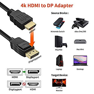 BolAAzuL Active 4K HDMI to Displayport 1.2 Converter Adapter Cable 6FT/1.8M, HDMI Source to DisplayPort Monitor Cable Unidirectional HDMI 1.4 Male to DP 1.2 Male -AHDPC