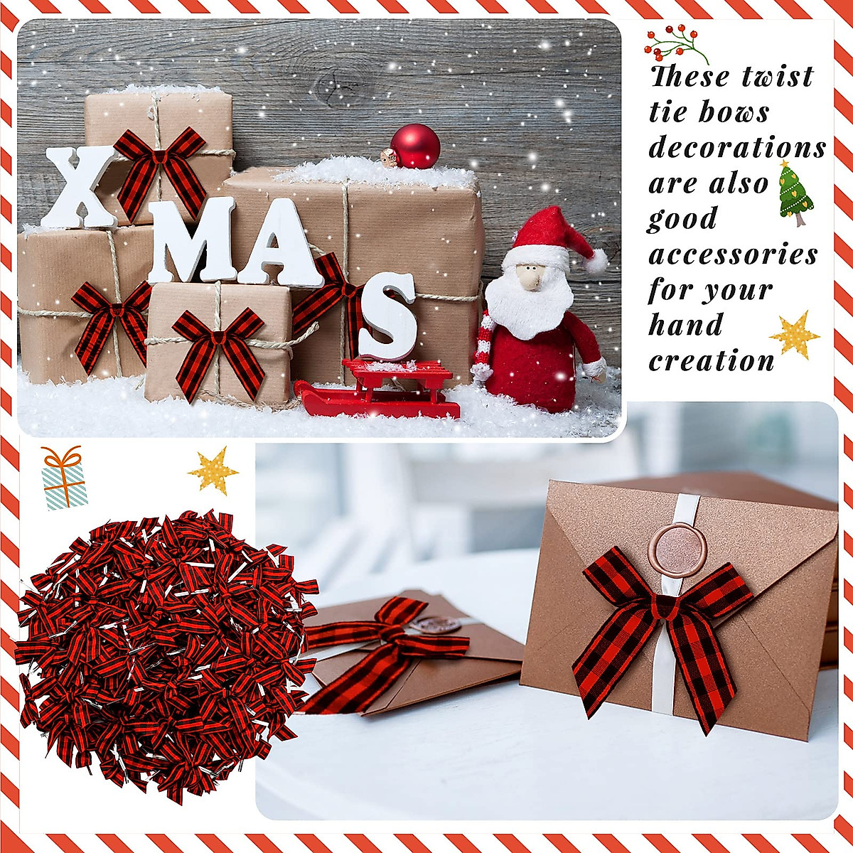 200 Pack Christmas Ribbon Bows Twist Tie Bows Checkered Ribbon 2.56 Inch Fabric Ribbons for Tying up Christmas Tree Gift Wrapping Package Craft Decorations (White, Black)