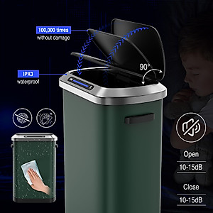 Fulocseny Smart Automatic Trash Can, 13 Gallon 50 L Stainless Steel Thickened Body Mute Sensor Lid with 30 Count Garbage Bags, Kitchen, Office and Bedroom for Garbage Can, Green
