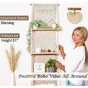 Induslyfe Macrame Wall Hanging Shelf Tier 3 Boho Hanging Wall Decor Boho Shelf Wall Decor Plant Rack Shelf, Boho Bookshelf Wall White Hanging Shelf Woven Rope for Boho Bathroom decor Bedroom Bookshelf