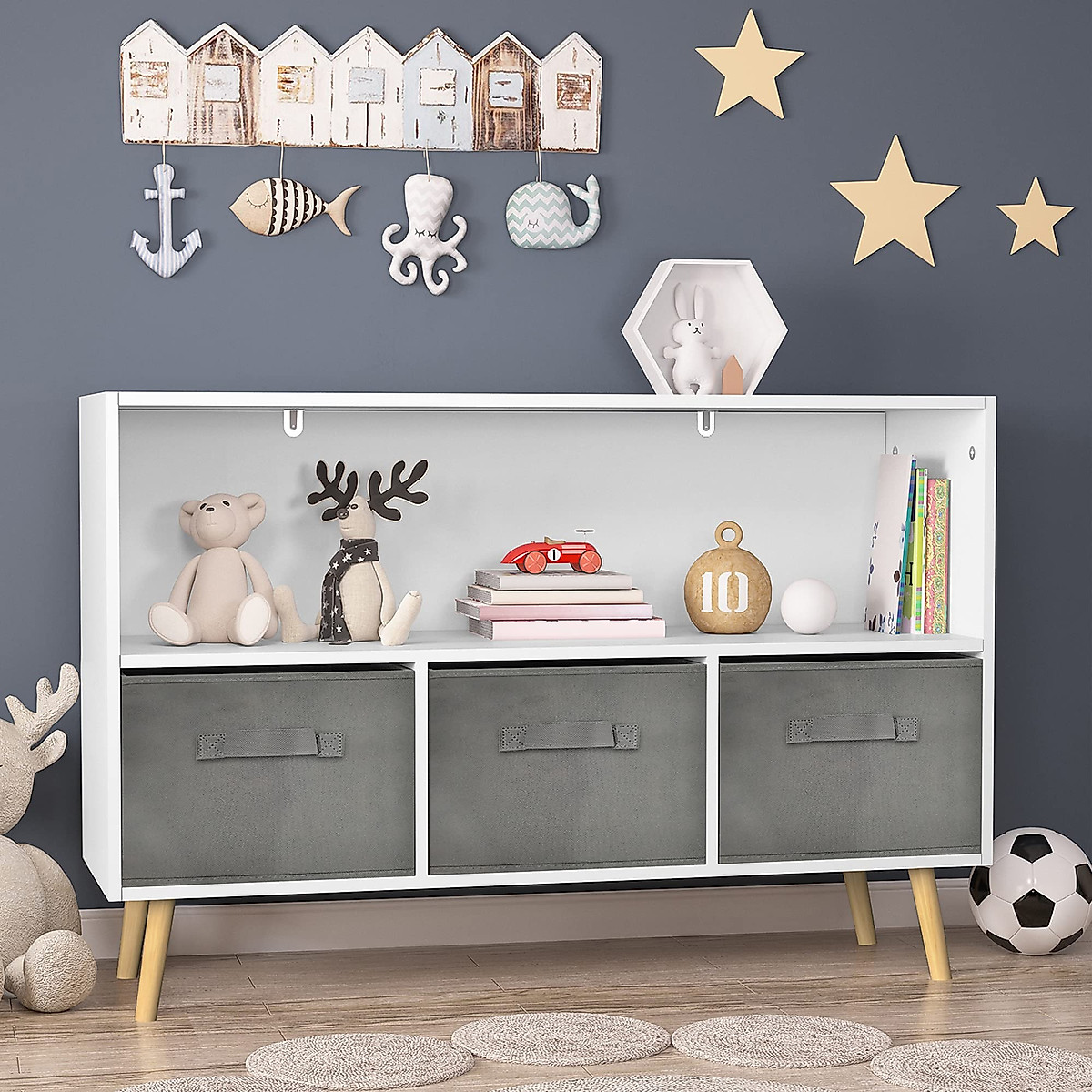 Kids Bookcase and Bookshelf Multi Shelf Cubby with 3 Collapsible Fabric Drawers Kid's Book and Toy Display Rack Toy Storage Cabinet Organizer for Playroom Nursery Children's Room School, White+Grey