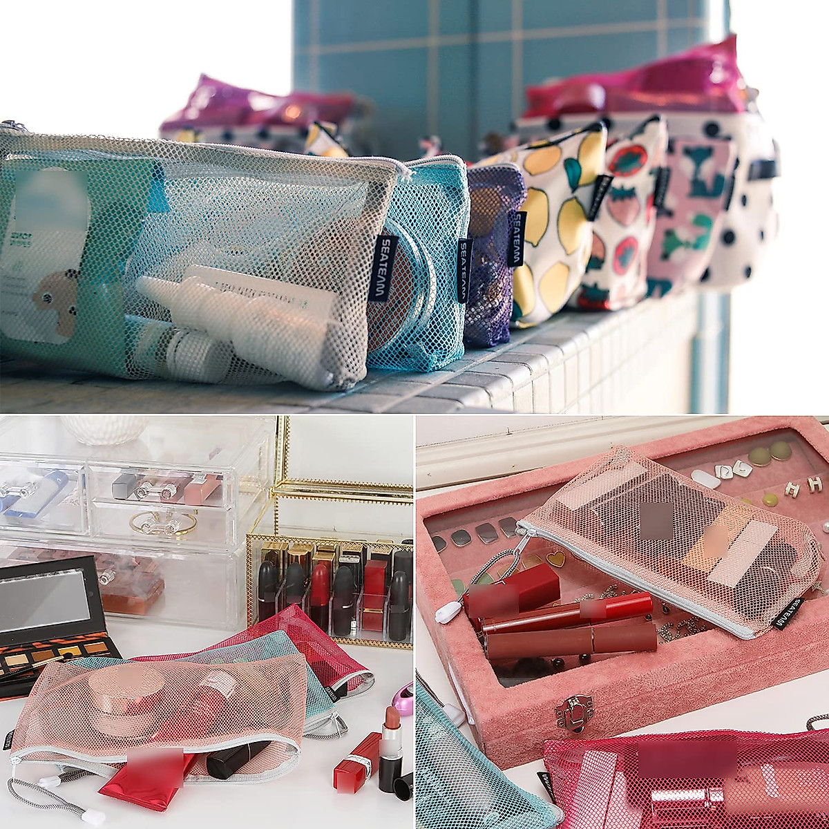 Sea Team 6pcs Multicolored Portable Travel Toiletry Pouch Nylon Mesh Cosmetic Makeup Organizer Bag with Zipper