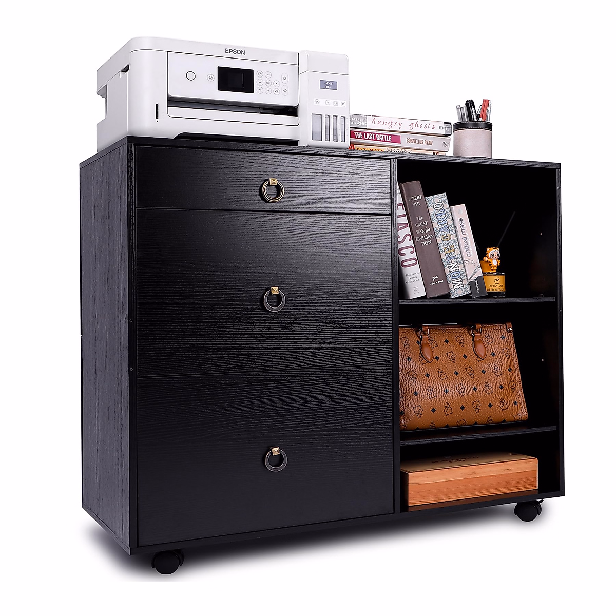 EasyPAG Mobile Filing Cabinet 3 Drawer Wood Lateral File Cabinet and 2 Open Shelf for Documents, Paper,Hanging File Folders, Black