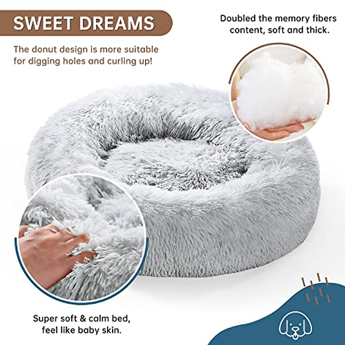 OYANTEN Small Dog Bed Large Cat Bed - Cat Beds for Indoor Cats, Calming Donut Kitty Bed, Round Pet Beds for Small Medium Cats, Soft Fluffy Warm and Cozy (20in, Misty Gray)
