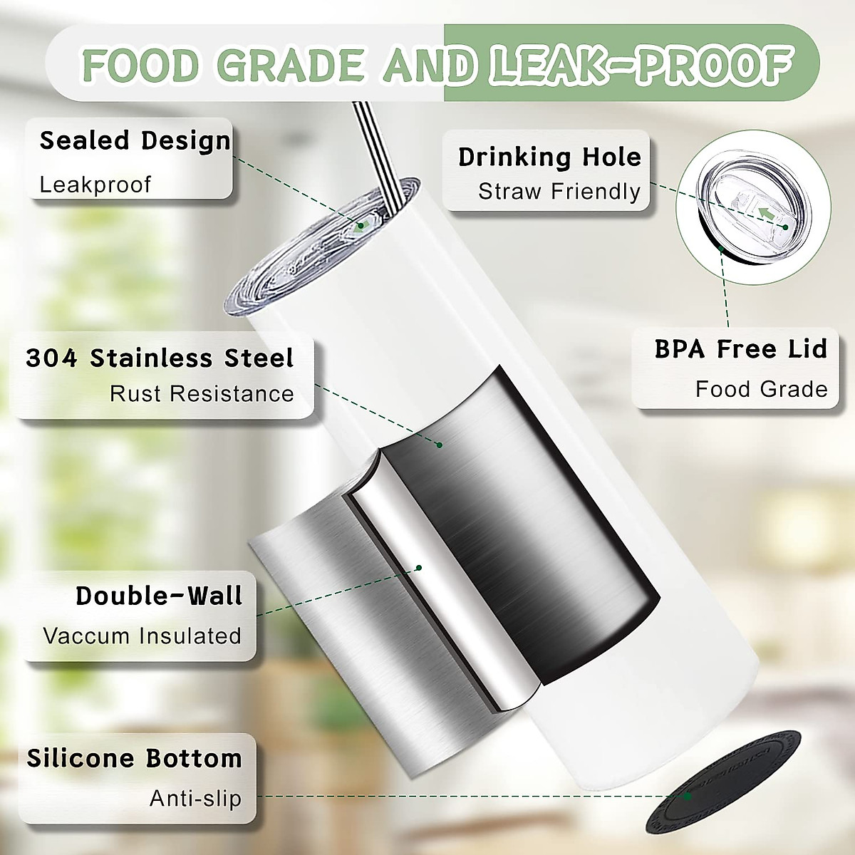 Kocdam 10 Pack 20oz Sublimation Tumblers Blanks Products, Stainless Steel Double Wall Sublimation Tumbler with Lid and Straw, Polymer Coating for Heat Transfer Customized Gifts