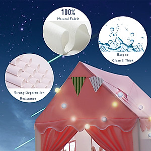 Princess Castle Play Tent for Kids, 100% Natural Fabric Extra Large Foldable Fairy Pink Tent for Girls, Playhouse with Lights and Flags for Children Indoor & Outdoor by WOOD CITY (52"x 40"x 47")