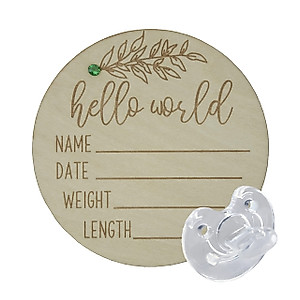 Baby Luv Hello World Announcement Sign with Custom Birthstone and Bonus Free Pen by BABY. Compact 4 Inch Birth Sign. Wooden Disc Announcements 1 Count. Newborn Sign-May, Green