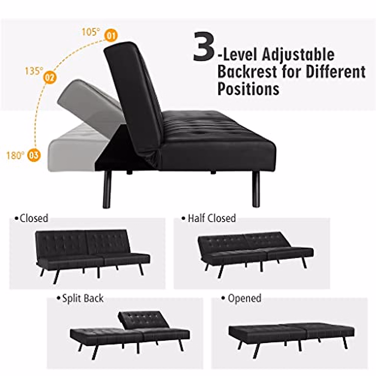 Walnut Futon Sofa Bed PU Leather Convertible Folding Couch Sleeper Lounge Convenient Installation (Color : A)