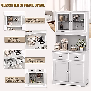 PETSITE Kitchen Hutch Storage Cabinet, Pantry Buffet Cabinet w/Tempered Glass Doors, Double Drawers, Adjustable Shelves & Anti-toppling Fitting, Tall Cupboard for Dining Room (White)