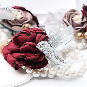 WANLIAN Wrist Corsage,Corsage and Boutonniere Set Bridesmaid Wedding Flower Corsages And Hand Flower Set of 2 for Wedding Prom Party (Red)