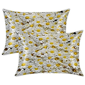 Daisy Floral Prints Satin Pillow Cases Silk Satin Pillowcase for Hair and Skin Standard Set of 2 Super Soft Silk Pillowcase with Envelope Closure (20x26 in)