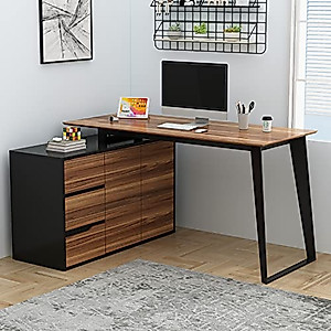 Homsee Home Office Computer Desk Corner Desk with 3 Drawers, 2 Shelves & 2 Doors, 55 Inch Large L-Shaped Study Writing Table with Storage Cabinet, Black & Brown (54.3”L x 40.9”W x 29.1”H)