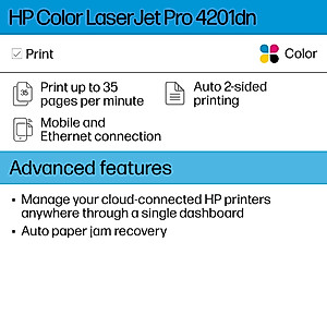 HP Color LaserJet Pro 4201dn Printer, Print, Fast speeds, Easy setup, Mobile printing, Advanced security, Best-for-small teams,white
