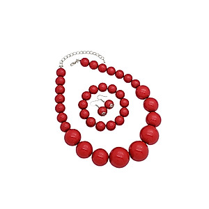 BA UNIQUE FASHION Women's Chunky Large Simulated Pearl Statement Necklace, Bracelet, Earring Set (Barn Red)