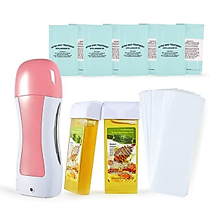 Roll on Wax, Wax Roller Kit for Hair Removal, Honey Roller Waxing Kit Include 2 Honey Soft Wax Cartridge & 100 Non-Woven Wax Strips, Portable Pink Wax Heater Machine for Women & Men, Waxing Roller Kit