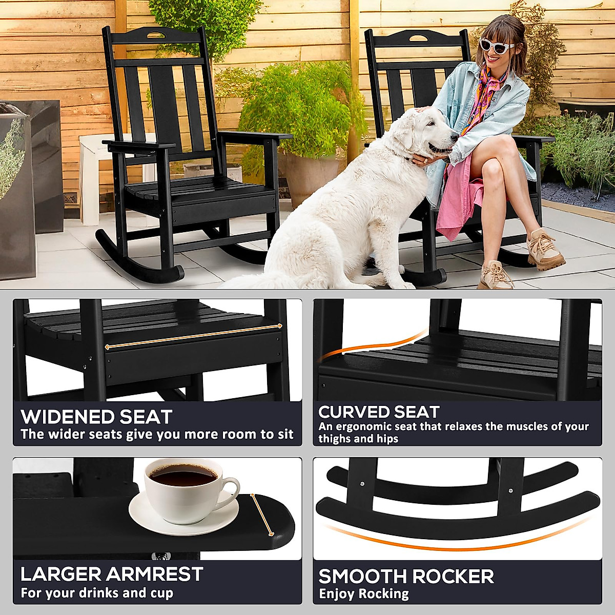 LOENIY HDPE Outdoor Rocking Chair Set of 2, All Weather Resistant Patio Rocker Chair with 350 lbs Heavy Duty, High Back Oversized Rocking Chair for Adult in Porch, Ergonomic Seat (Black)