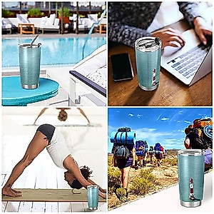 Jihqo Sea Lighthouse Tumbler with Lid and Straw, Insulated Stainless Steel Tumbler Cup, Double Walled Travel Coffee Mug Thermal Vacuum Cups for Hot & Cold Drinks 12oz