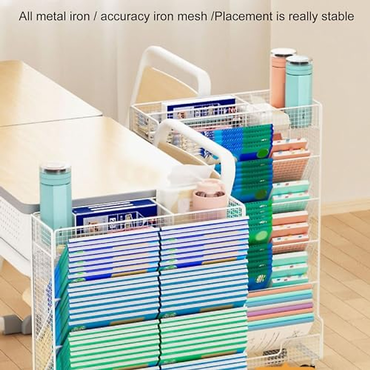 6 Tier Metal Movable Bookshelf, Large Capacity Metal Rolling Bookshelf Cart with Wheels, Rolling Organization Shelf Practical Rolling Utility Cart for Office Classroom