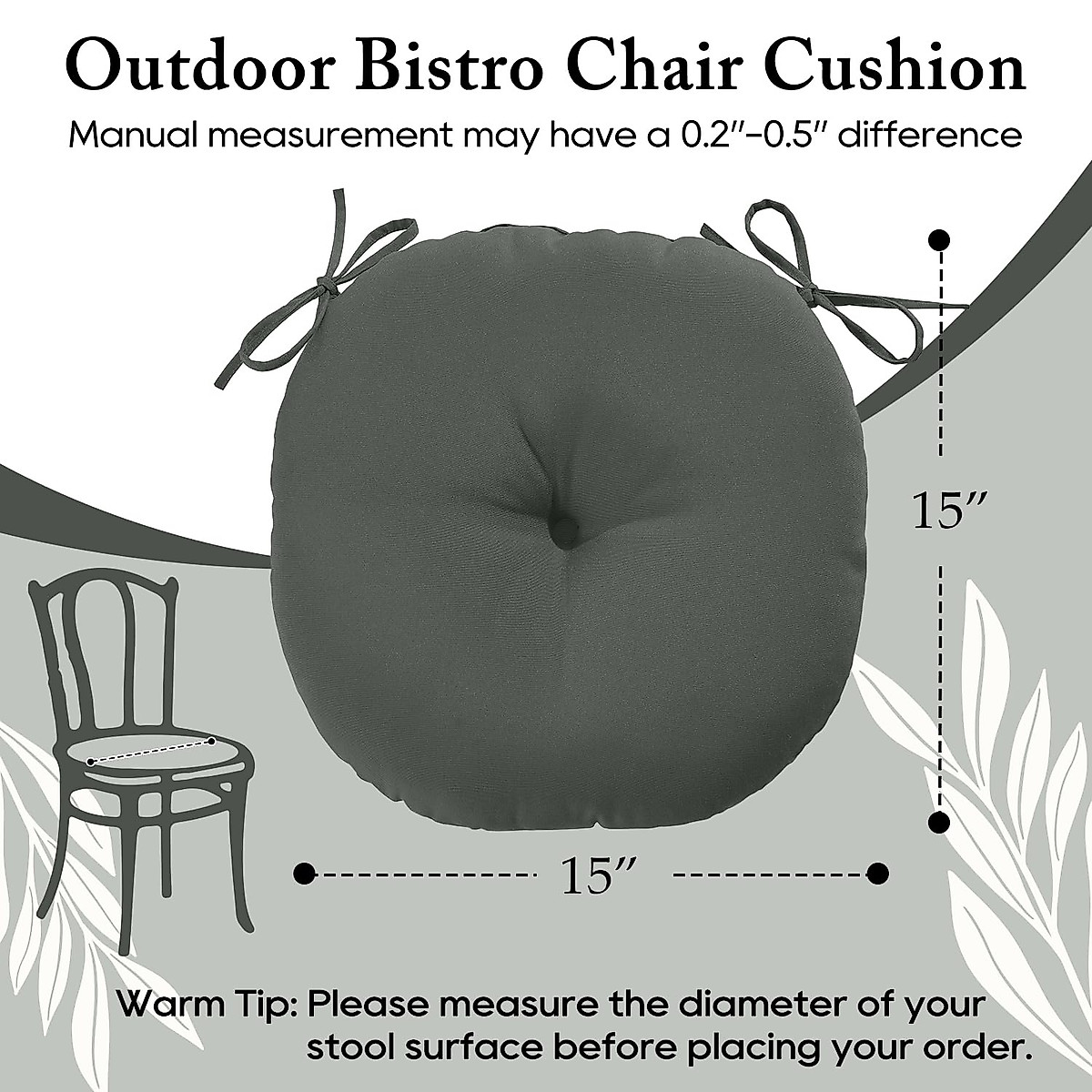 LOVTEX Bistro Chair Cushions Set of 4, Outdoor Round Chair Cushions 15 Inch, Waterproof Round Outdoor Cushions with Ties, Dark Gray Outdoor Chair Cushions for Patio Furniture