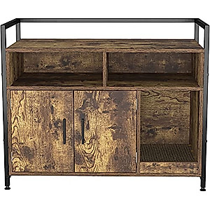 GDLF Iron & Wood Sturdy Structure Large Pet Crate Cat Washroom Hidden Cat Litter Box Enclosure Furniture as Nightstand with Cat Scratch Pad Easy Assembly (Brown)