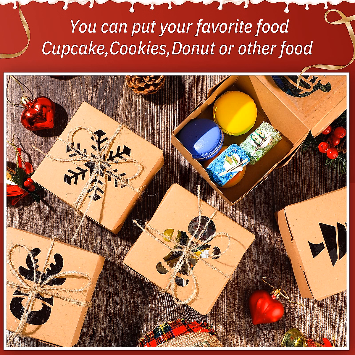 Tenare 30 Pieces Christmas Cookie Boxes with Clear Window Cupcake Boxes Bakery Boxes Pastry Packaging Boxes Brown Kraft Present Box with Rope for Food Present Giving, 4 x 4 x 2.5 Inches (Classic)