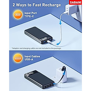 SABANI Portable Charger 35000mAh Power Bank - Portable Battery with 4 Built in Cables, 22.5W Fast Charging Battery Pack Compatible with iPhone 16 15 14 13 Samsung Android Phone etc (1 Pack, Black)