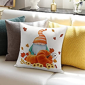 Gnome Pumpkins Sunflowers Decorative Throw Pillow Harvestss Thanksgiving Halloween Autumn Decor Burlap Soft Modern Pillow Shams for Home Sofa Couch Decoration with Zipper Closure 18x18