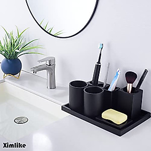 Ximlike Matte Black Bathroom Accessories Set 6 Pieces, Bathroom Accessory Set Bathroom Decor with 1 Vanity Tray, 2 Tumbler Cups, 1 Makeup Brushes Holder, 1 Toothbrush Holder, 1 Soap Dish