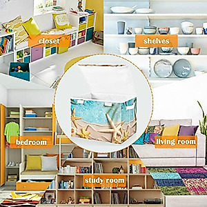 CaTaKu Palm Starfish Beach Storage Bins with Lids and Handles, Fabric Large Storage Container Cube Basket with Lid Decorative Storage Boxes for Organizing Clothes